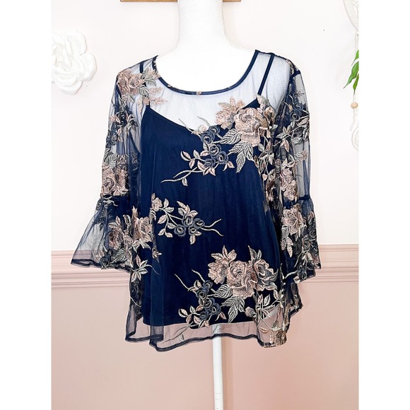Secret Mission | Tops | Secret Mission Navy Embroidered Sheer Overlay ...